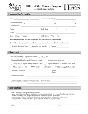 Fillable Online austincc Honors Program General Application - austincc Fax Email Print - pdfFiller