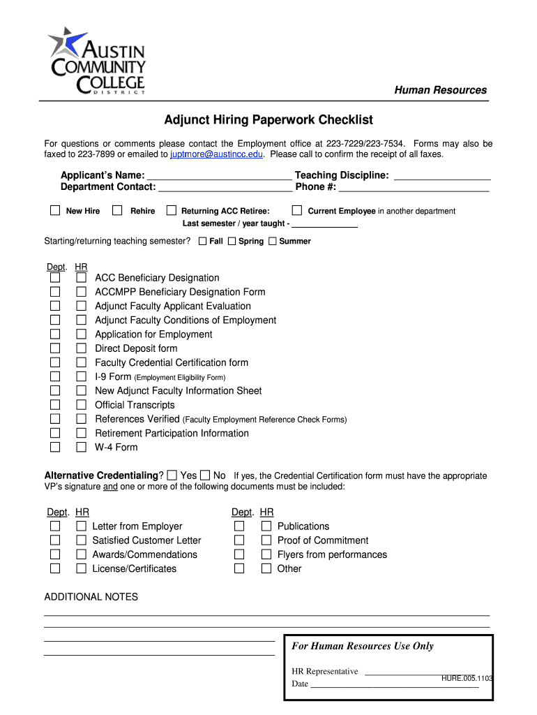 Fillable Online austincc Adjunct Hiring Paperwork Checklist - Austin Fax Email Print - pdfFiller