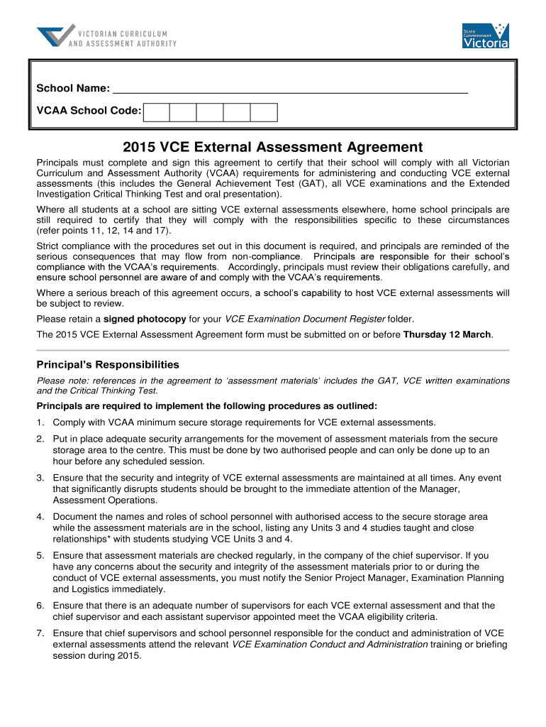 Fillable Online 2015 VCE Written Examination Centre Agreement Fax Email Print - pdfFiller