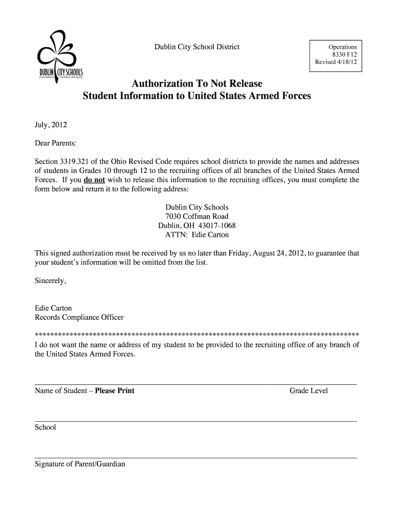 Fillable Online dublinschools Authorization To Not Release Student ...