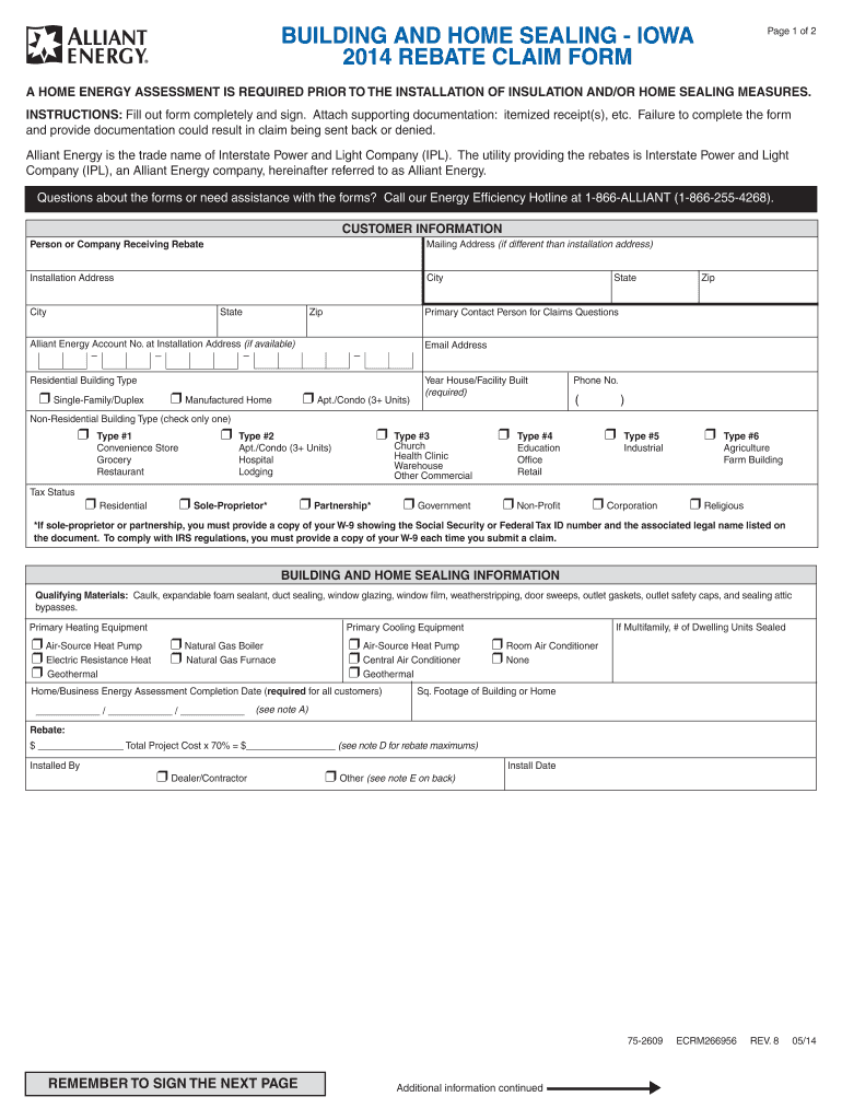 Fillable Online Building and home sealing - iowa 2014 rebate claim ...