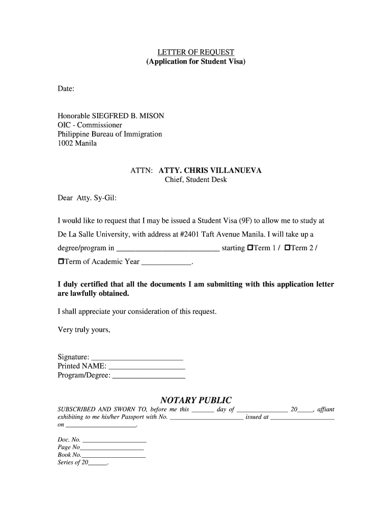 Fillable Online dlsu edu LETTER OF REQUEST Application for Student Visa ...