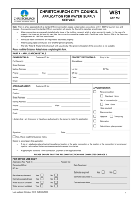 Fillable Online resources ccc govt APPLICATION FOR WATER SUPPLY CSR NO ...