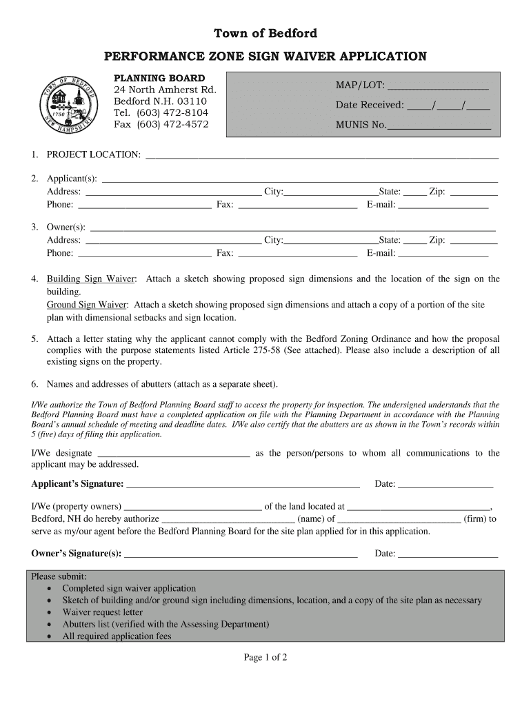 Fillable Online bedfordnh Sign Waiver Application 2015 - Town of ...