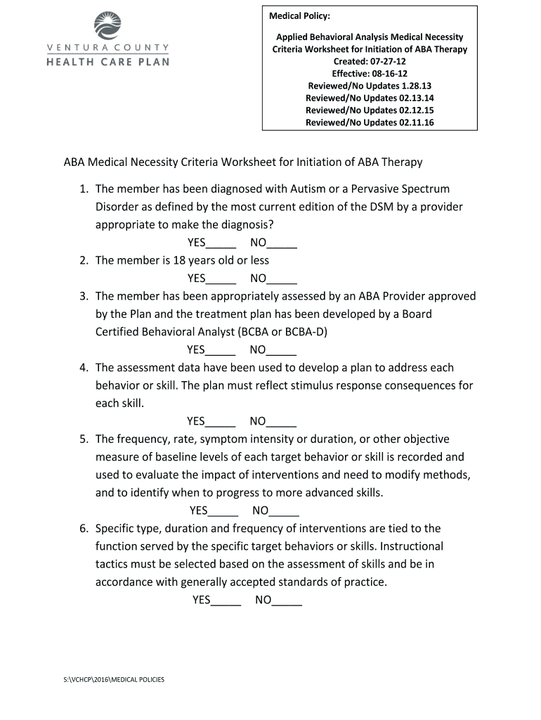 Fillable Online vchealthcareplan ABA Medical Necessity Criteria ...