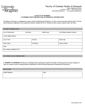 Fillable Online uregina Faculty of Nursing Student Authorization Release Form Fax Email Print ...