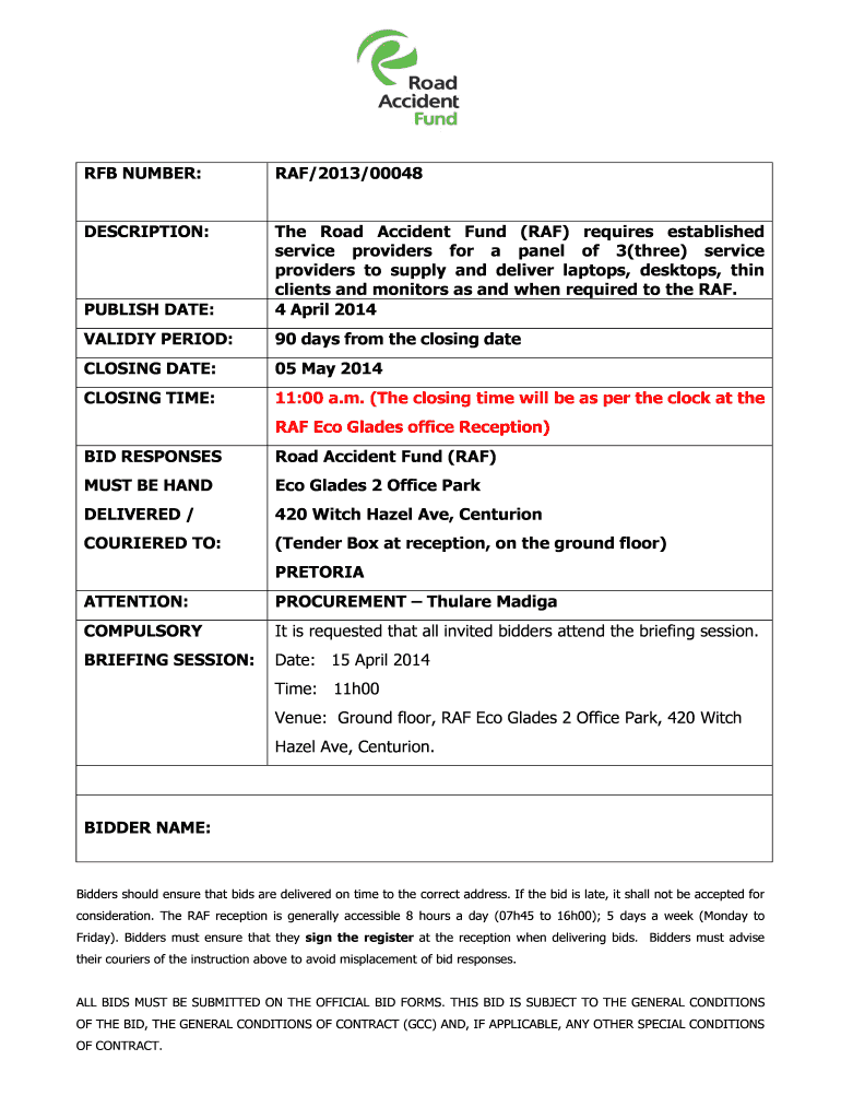 Fillable Online raf co RFB NUMBER RAF 201300048 DESCRIPTION The Road ...