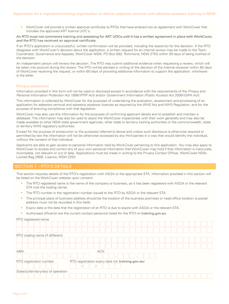 Fillable Online Application for a registered training organisation to deliver asbestos removal ...