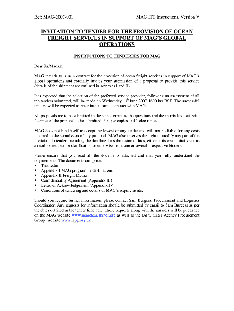 Fillable Online INVITATION TO TENDER FOR THE PROVISION OF OCEAN Fax ...