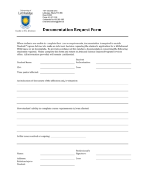 Fillable Online uleth Documentation Request Form - University of ...