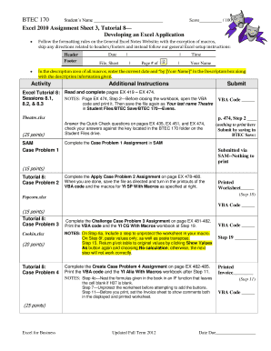 Fillable Online BTEC 170 Students Name Score / 100 Excel 2010 ...