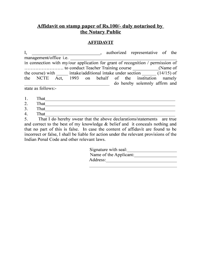 Fillable Online Affidavit on stamp paper of Rs100- duly notarised by ...