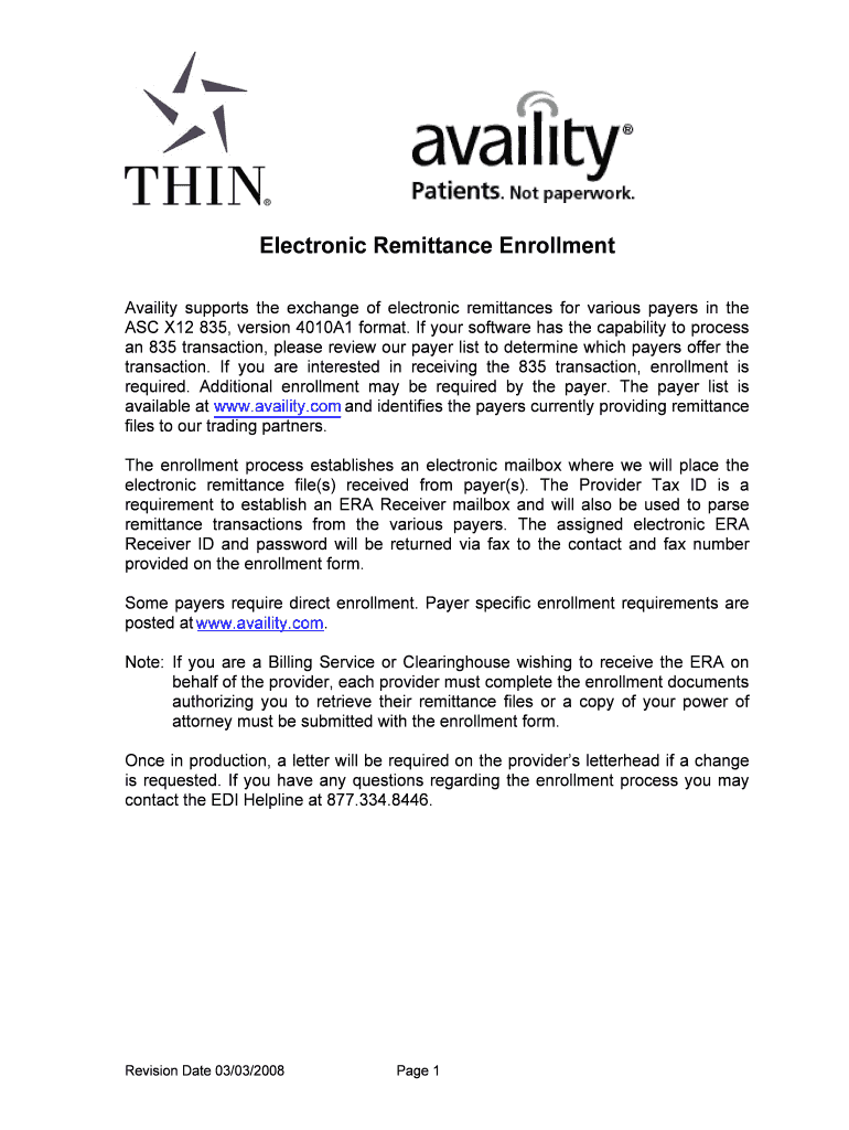 Fillable Online THIN Electronic Remittance Advice (ERA) Enrollment Fax Email Print - pdfFiller