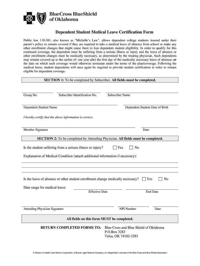 Fillable Online Dependent Student Medical Leave - OKdoc Fax Email Print ...