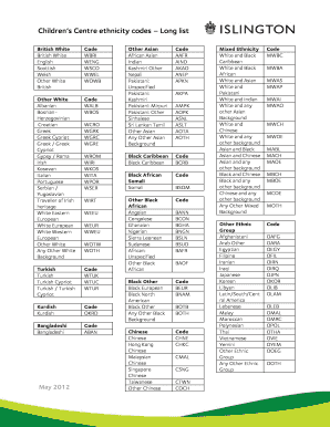 Fillable Online Childrens Centre ethnicity codes Long list Fax Email ...