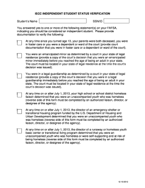 Fillable Online iecc IECC INDEPENDENT STUDENT STATUS VERIFICATION Fax ...