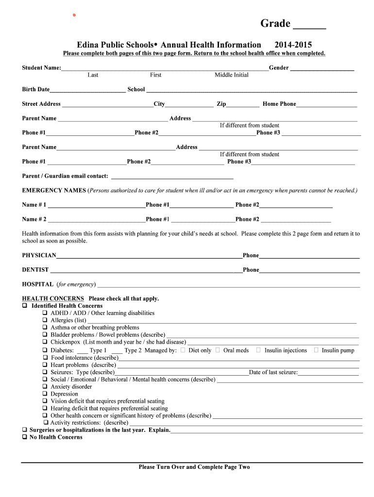 Fillable Online Annual Health Form - Edina Public Schools Fax Email ...