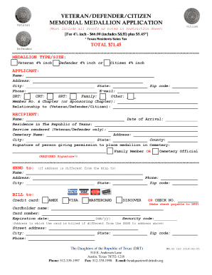 Fillable Online drtinfo Veteran/defender/citizen memorial medallion ...