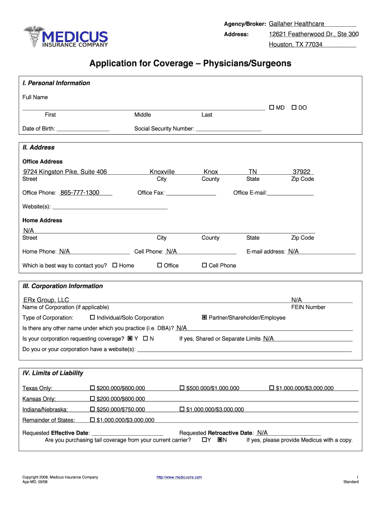 Fillable Online Application for Coverage Physicians/Surgeons - ERx Group Fax Email Print - pdfFiller