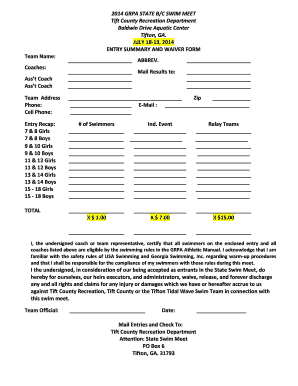Fillable Online morganmarlins 2014 GRPA STATE B/C SWIM MEET Tift County ...