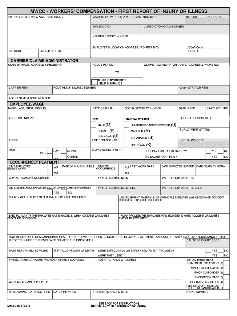 Fillable Online Workers' Compensation: First Report of Injury or ...