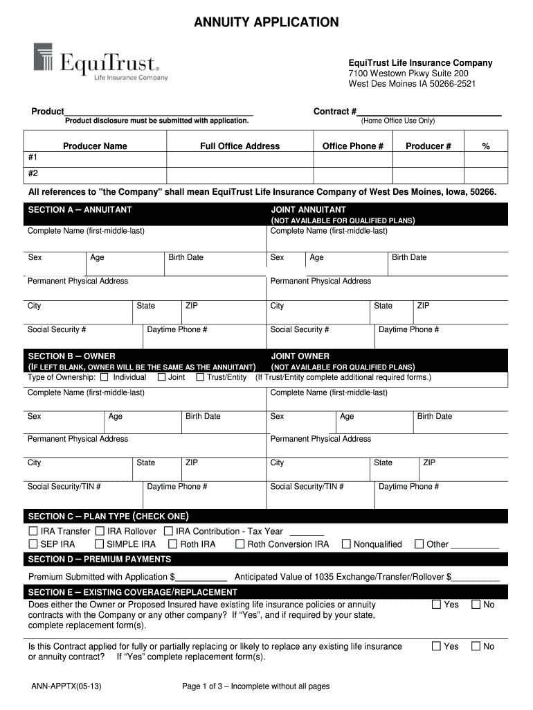 Fillable Online Ann-apptx - EquiTrust Fax Email Print - pdfFiller