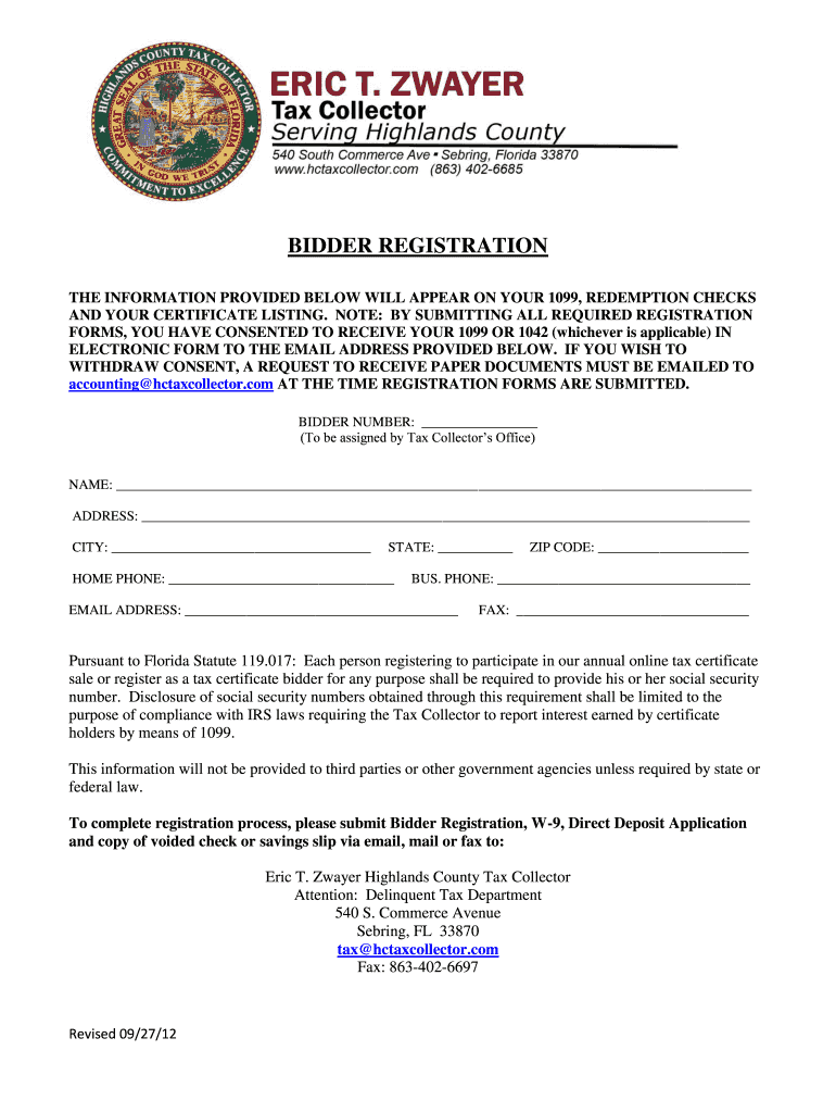 Fillable Online BIDDER REGISTRATION FORM - Highlands County Tax Collector Fax Email Print ...