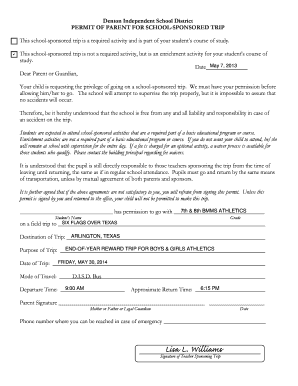 Fillable Online dentonisd DISD Trip Permission Form - Denton Independent School District ...