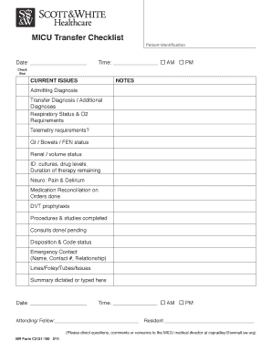 Fillable Online sw MICU Transfer Checklist Fax Email Print - pdfFiller