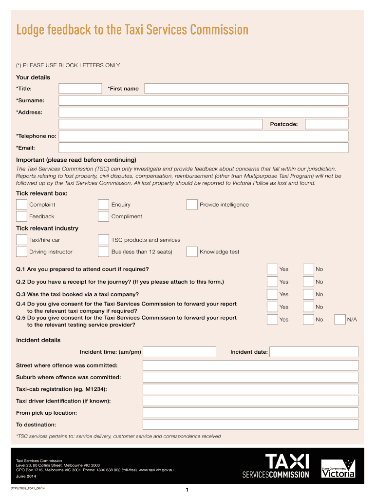 Fillable Online taxi vic gov Feedback form (PDF, 161.3 KB, ) - Taxi ...
