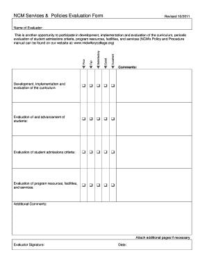 Fillable Online NCM Services & Policies Evaluation Form - The National ...