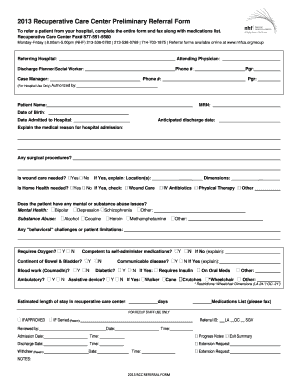 Fillable Online 2013 Recuperative Care Center Preliminary Referral Form ...