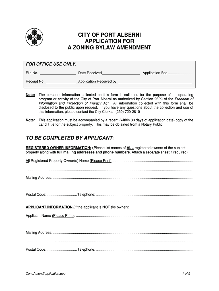 Fillable Online Application for a Zoning Bylaw Amendment - City of Port Alberni Fax Email Print ...