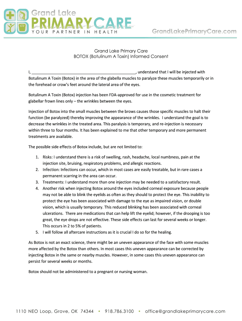 Fillable Online Grand Lake Primary Care BOTOX Botulinum A Toxin Fax ...