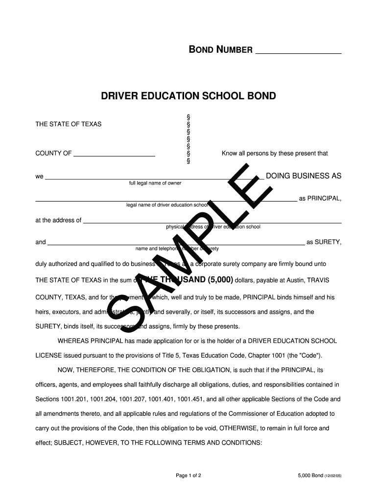 Fillable Online DRIVER EDUCATION SCHOOL BOND - Surety Bonds Fax Email ...