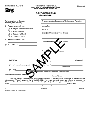 Fillable Online SURETY BOND-MINING SUBSIDENCE 7C-K-180 - Surety Bonds ...