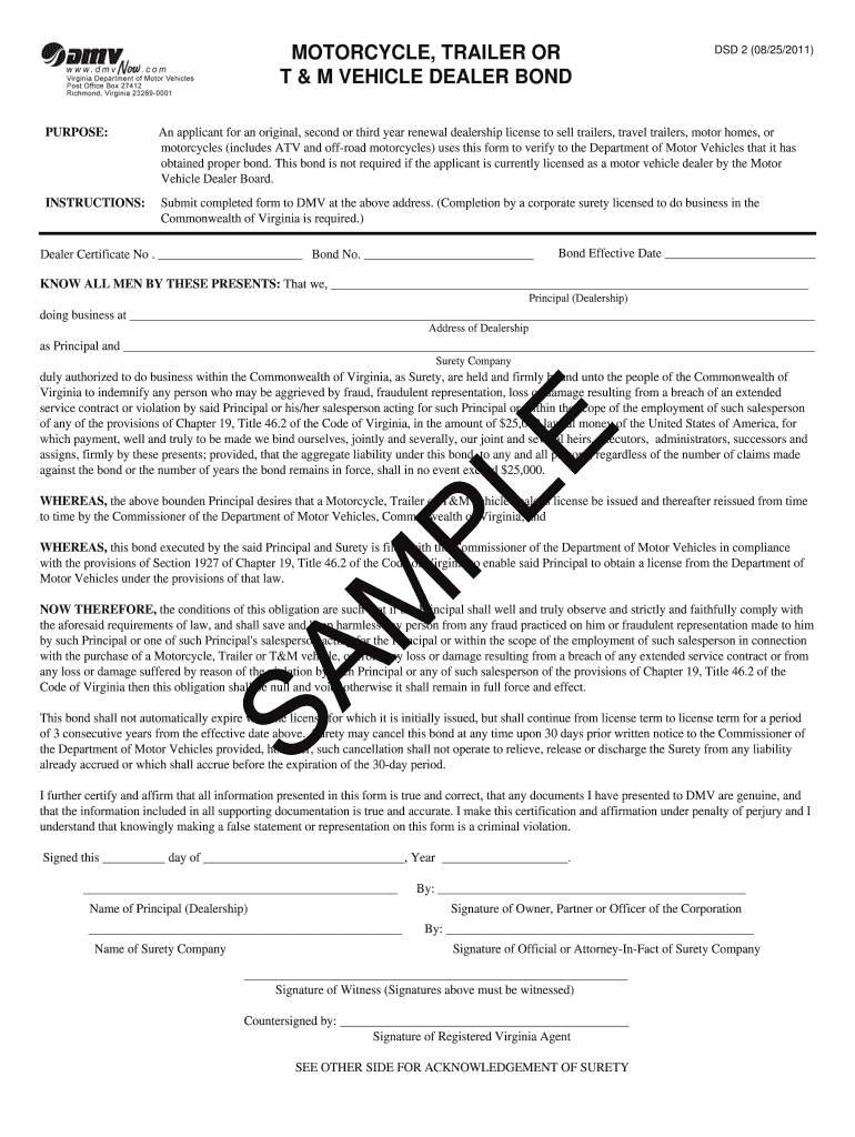 Fillable Online Motorcycle trailer or t amp m vehicle dealer bond ...