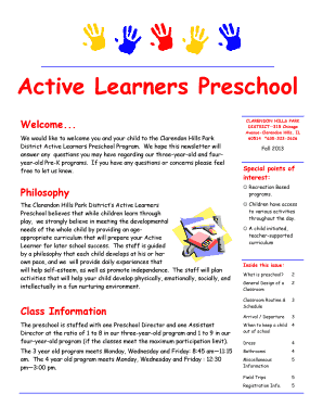 Fillable Online clarendonhillsparkdistrict Active Learners Preschool ...