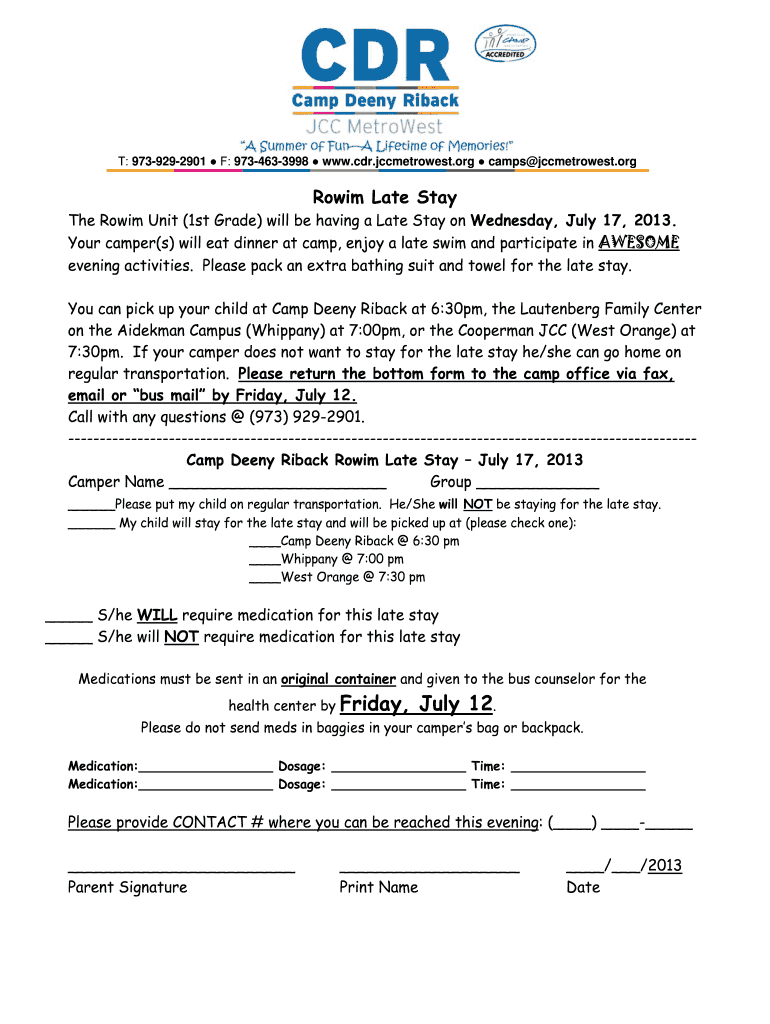 Fillable Online cdr jccmetrowest 13 Late Stay Form - Rowim - cdr jccmetrowest Fax Email Print ...