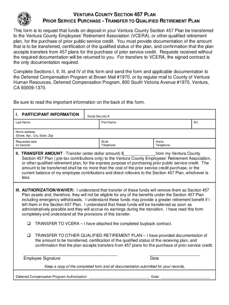 Fillable Online VENTURA COUNTY SECTION 457 PLAN PRIOR SERVICE... Fax ...