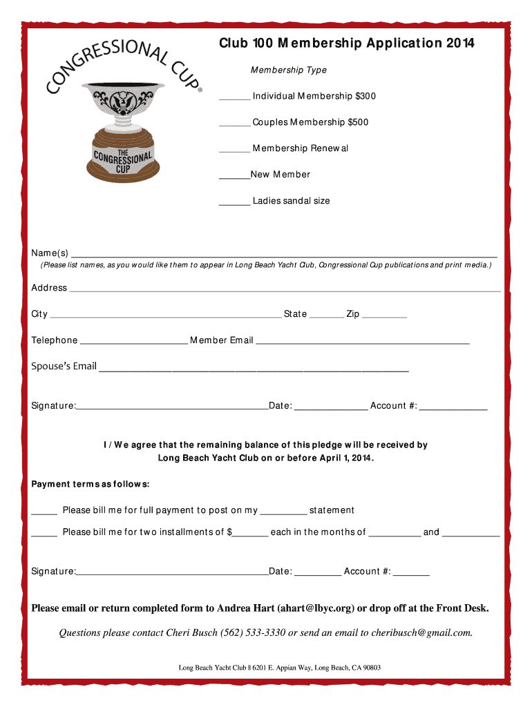 Fillable Online lbyc Club 100 Membership Application 2014 - Long Beach ...