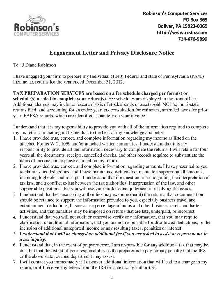 Fillable Online Engagement Letter and Privacy Disclosure Notice Fax ...