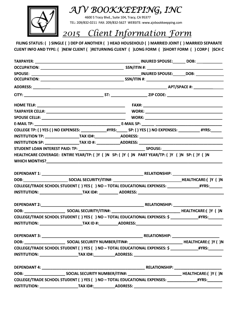Fillable Online AJV BOOKKEEPING, INC 2015 Client Information Form Fax Email Print - pdfFiller
