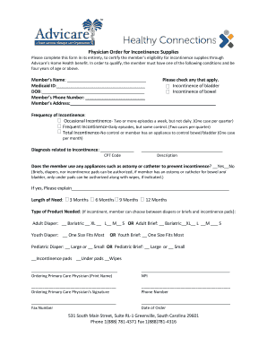 Fillable Online Physician Order for Incontinence Supplies - Advicare ...