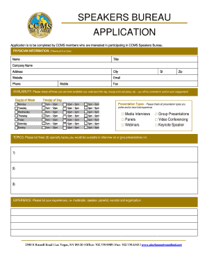 Fillable Online clarkcountymedical SPEAKERS BUREAU APPLICATION Fax ...