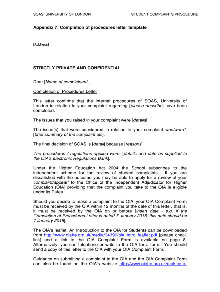 Fillable Online Completion of Procedures letter template - to be issued ...