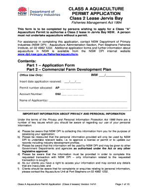 Fillable Online dpi nsw gov CLASS A AQUACULTURE PERMIT APPLICATION ...