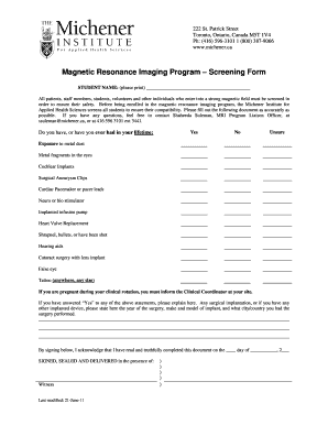 Fillable Online MRI screening form - The Michener Institute for Applied ...