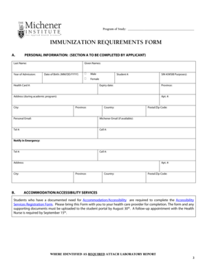 Fillable Online Immunization Requirements Form - The Michener Institute for ... Fax Email Print ...