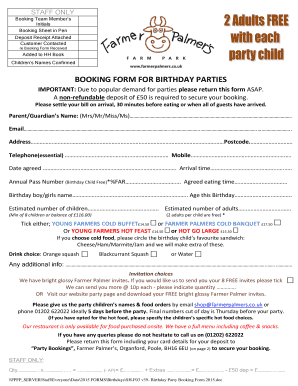 2015 Birthday Party Booking Form PDF - Farmer Palmer's Farm Park - Fill ...